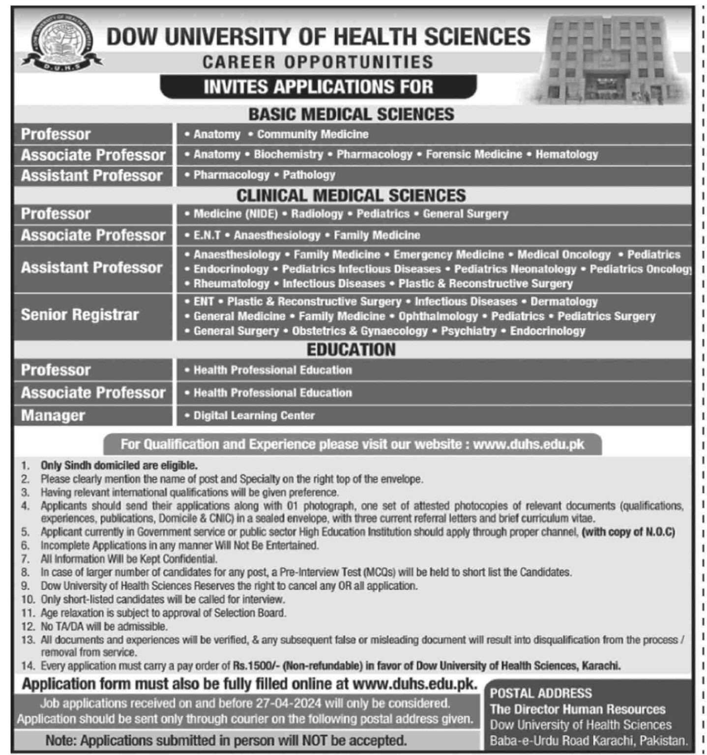 Dow University of Health Sciences Jobs 2024 Application Form - Ideal ...